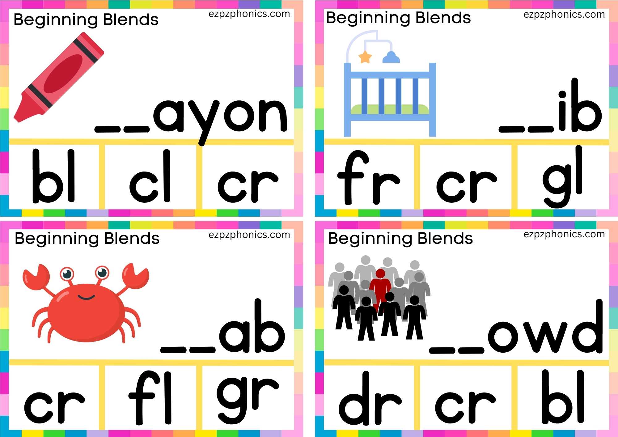 CR Beginning Blends Clip Cards Finish The Words And Clip The Correct Letters Set 1 - ezpzphonics.com